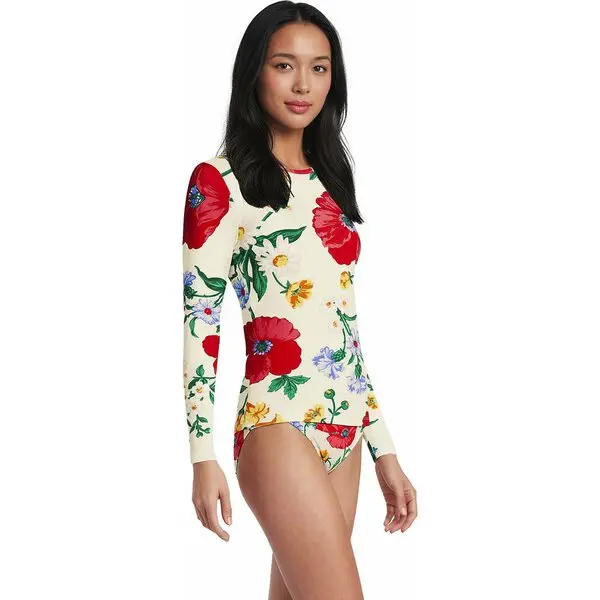 LANDS' END Upf 50 Long Sleeve Rash Guard Swim Tee - Egret/exploded Poppy Floral