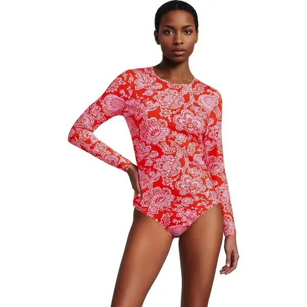 LANDS' END Sunshade Upf 50 Long Sleeve Rash Guard - Radiant Orange Floral Medley