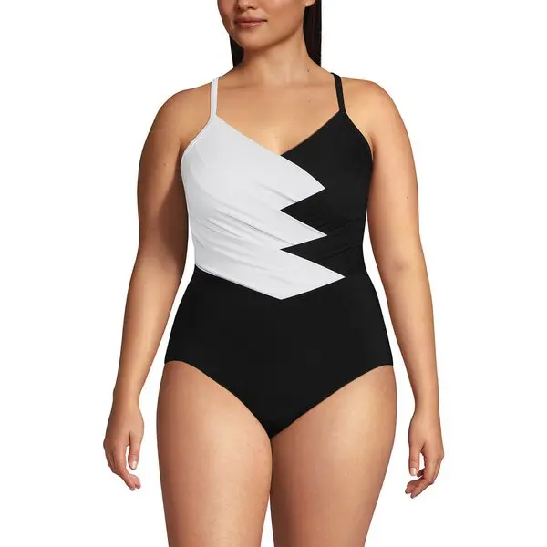 LANDS' END Slender Suit V-neck Pleated X-back One Piece Swimsuit - Black/white