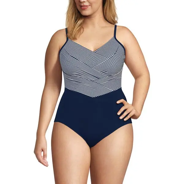 LANDS' END Slender Suit Pleated One-piece Swimsuit - Deep Sea Navy Mini Stripe