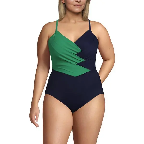 LANDS' END Slendersuit Pleated One-piece Swimsuit - Green/navy