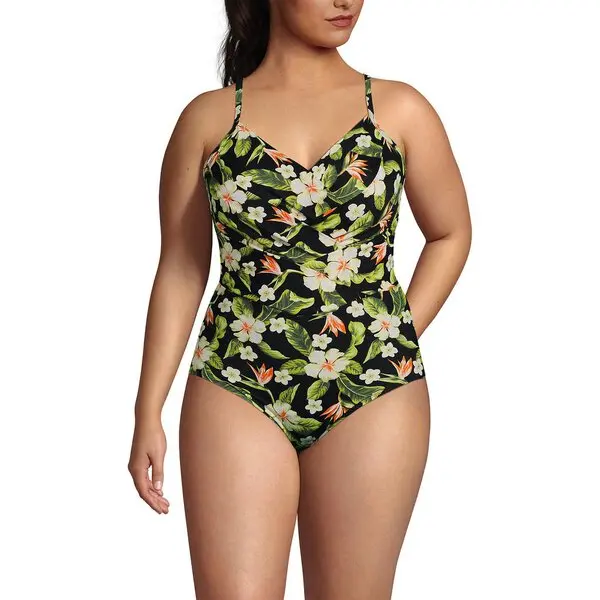 LANDS' END Slender Suit V-neck Pleated X-back One Piece Swimsuit - Hibiscus Floral/black