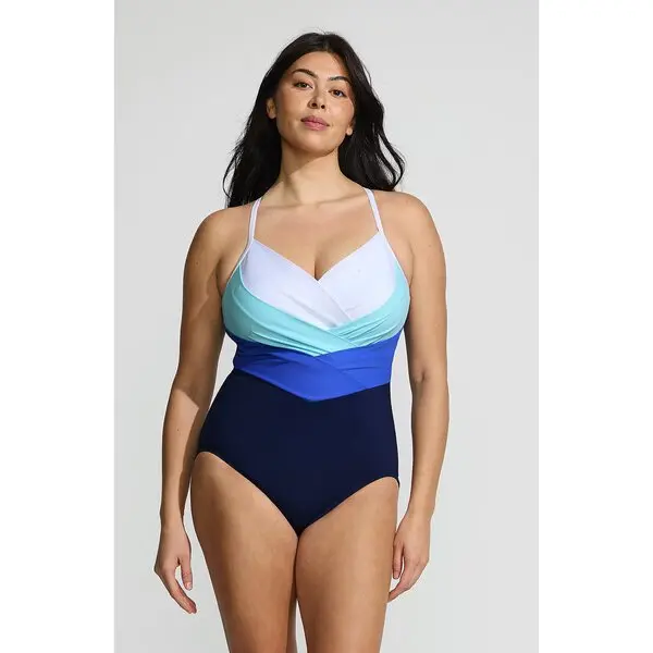 LANDS' END Slender Suit Pleated One-piece Swimsuit - Navy/sapphire/river Mist/white