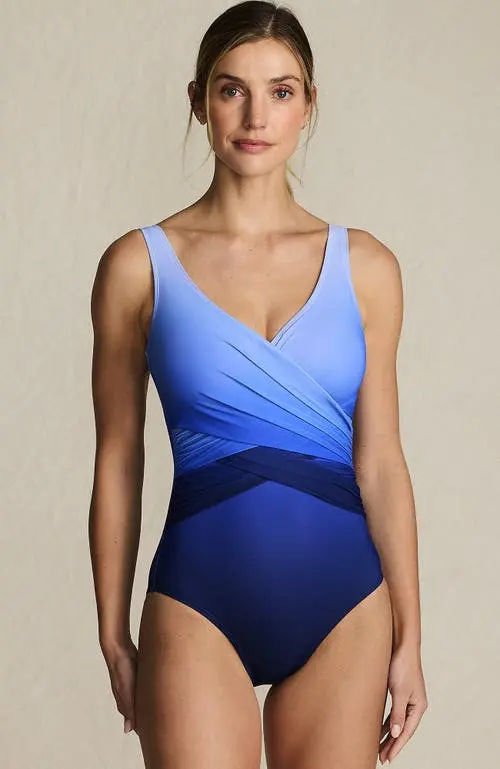 LANDS' END Slendersuit Wrap One Piece Swimsuit - Deep Sea Navy/sapphire Ombre