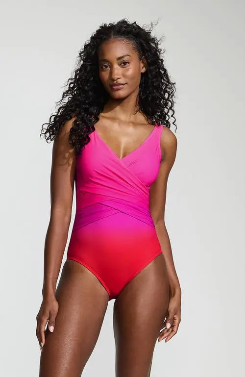 LANDS' END Slendersuit Wrap One Piece Swimsuit - Pink Multi Ombre
