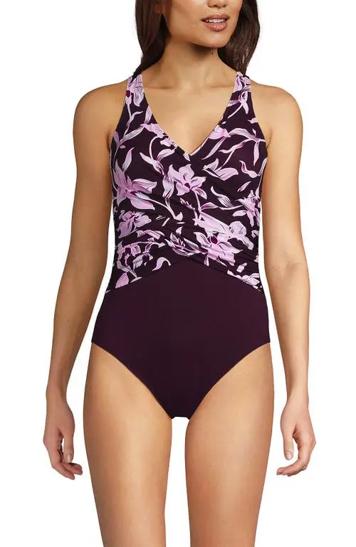 LANDS' END Slendersuit Wrap One Piece Swimsuit - Tropic Floral/dark Wine