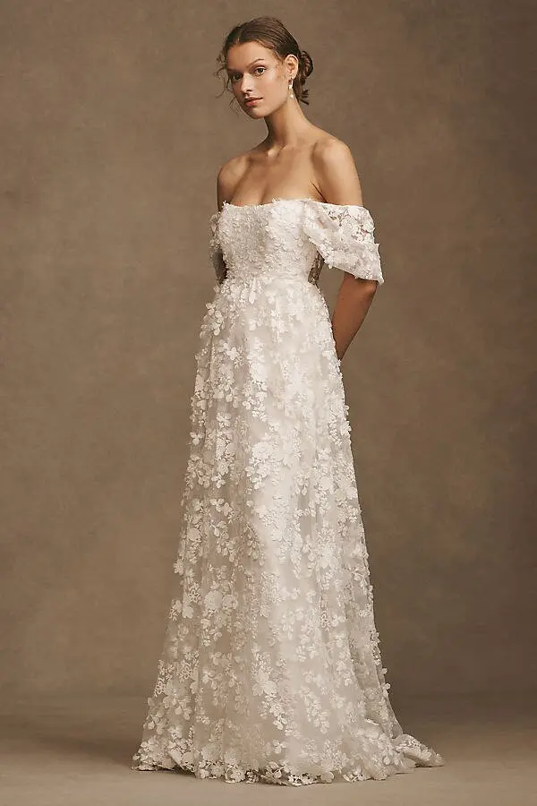 Watters Willowby Lilia Puff-sleeve Lace Empire Wedding Gown