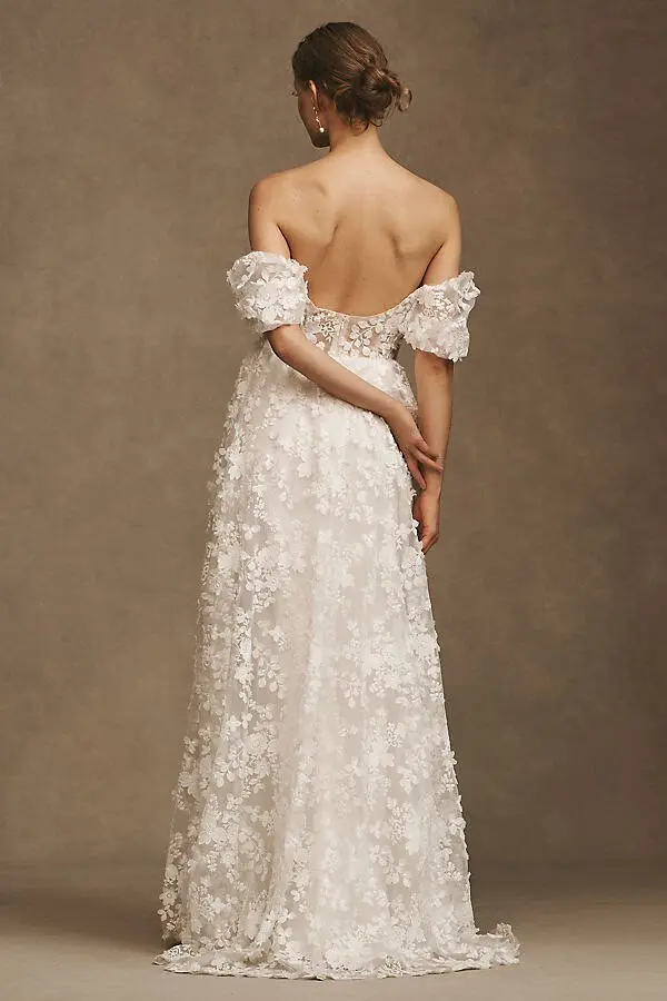 Watters Willowby Lilia Puff-sleeve Lace Empire Wedding Gown