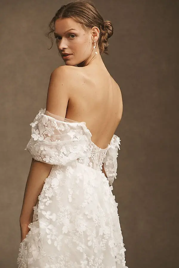 Watters Willowby Lilia Puff-sleeve Lace Empire Wedding Gown