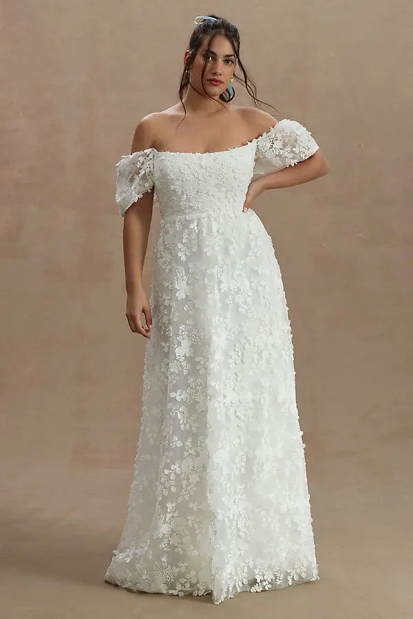 Watters Willowby Lilia Puff-sleeve Lace Empire Wedding Gown