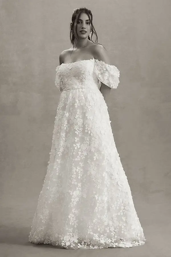 Watters Willowby Lilia Puff-sleeve Lace Empire Wedding Gown