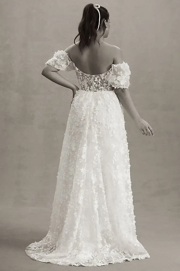 Watters Willowby Lilia Puff-sleeve Lace Empire Wedding Gown