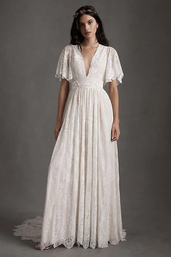 Bhldn Katarina Butterfly-Sleeve V-Neck Empire Embroidered Wedding Gown -  White | Editorialist