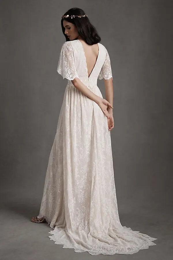 Bhldn Katarina Butterfly-Sleeve V-Neck Empire Embroidered Wedding Gown -  White | Editorialist