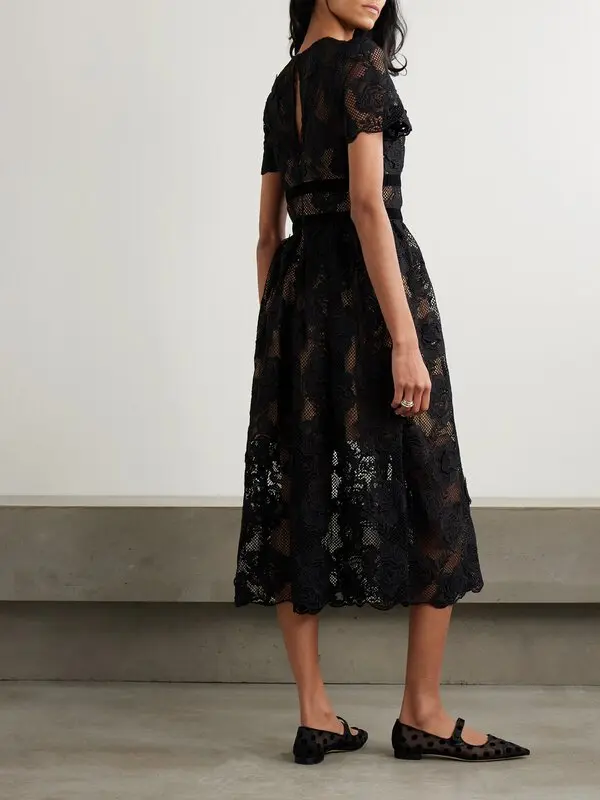 Self-Portrait Belted Velvet-Trimmed Corded Lace Midi Dress In Black - 50%  Off | Editorialist