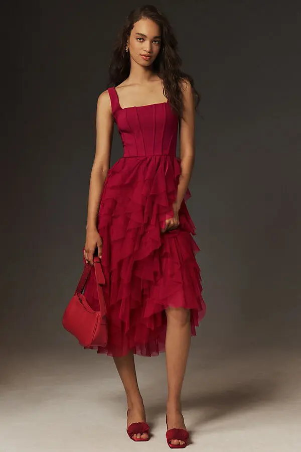 open lace back dress Convertible Bow-Detail Bubble Hem Midaxi Dress in Wine Red - 6 main image 1