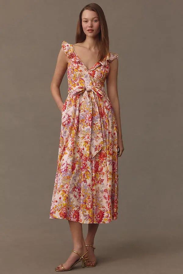 Bhldn Sadie V-Neck Fit & Flare Linen Midi Dress - Multicolor | Editorialist