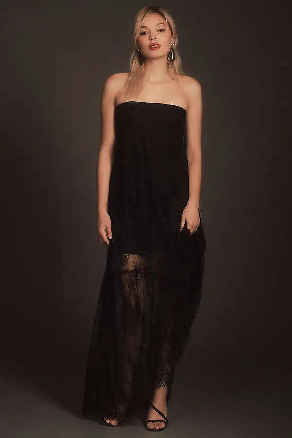 Bhldn Anna Strapless Sheer Lace Maxi Dres In Black - 50% Off | Editorialist