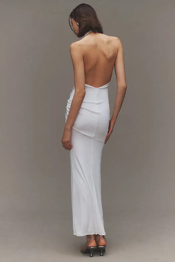Katie May Leyla Cowled Halter Open-Back Knotted Maxi Dress - White |  Editorialist