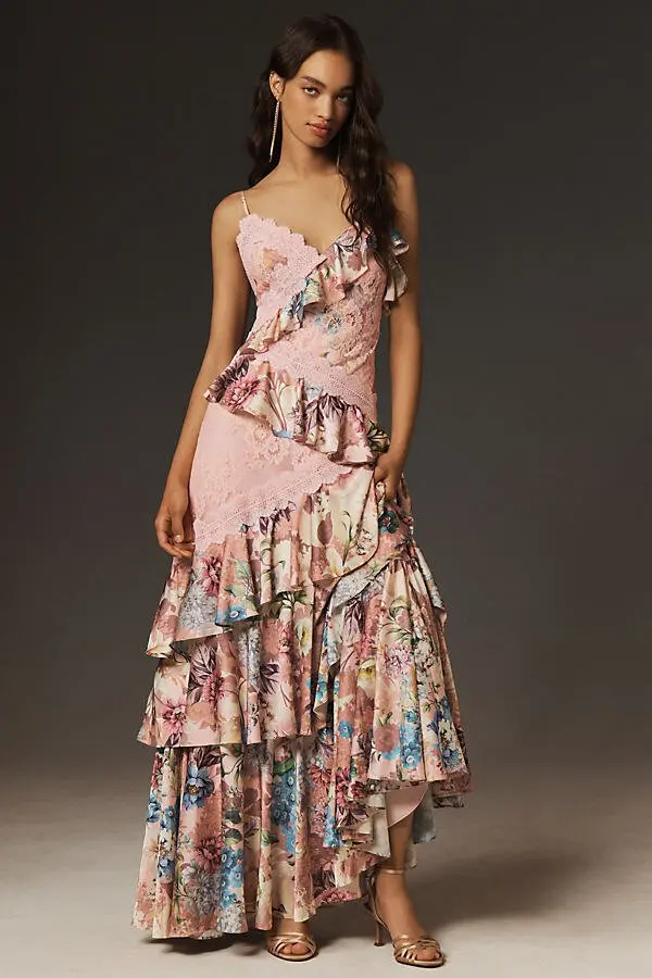 Bhldn Elora Sleeveless V-Neck Ruffle Lace Midi Dress - Pink | Editorialist