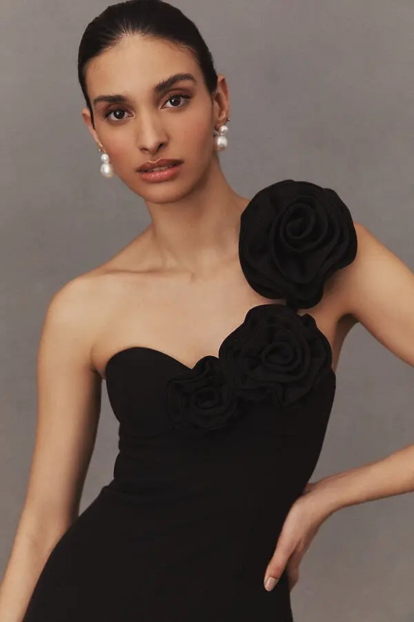The Wolf Gang Flores One-Shoulder Rose Midi Dress - Black | Editorialist