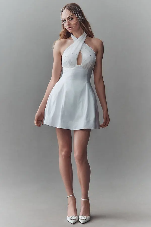 Bhldn Halter Pearl-Embellished Mini Dress In White - 30% Off | Editorialist