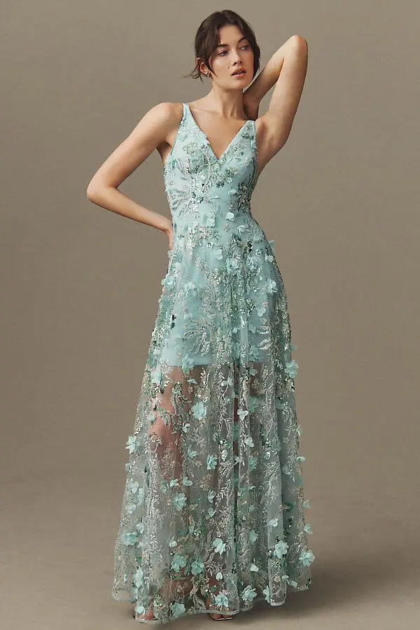 dress the population sidney v-neck a-line lace floral appliqué gown Bead & Sequin - Blue Miincasa | Pearl bachelorette Bohemian Beach Wedding Dress FIT About 59.5 from Size:6-7