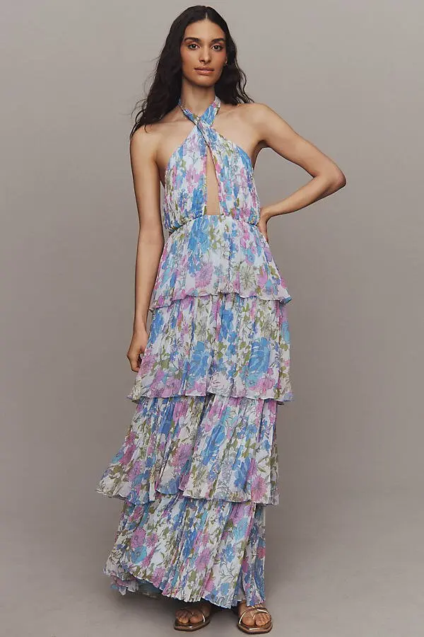 chinese dress ladies Mariah Pink Chiffon Ruffle Halterneck Maxi Dress main image 0