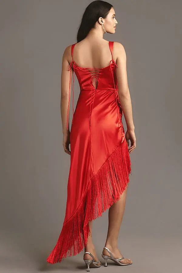 For Love & Lemons Anisa Asymmetrical Fringe Midi Dress In Red - 43% Off |  Editorialist