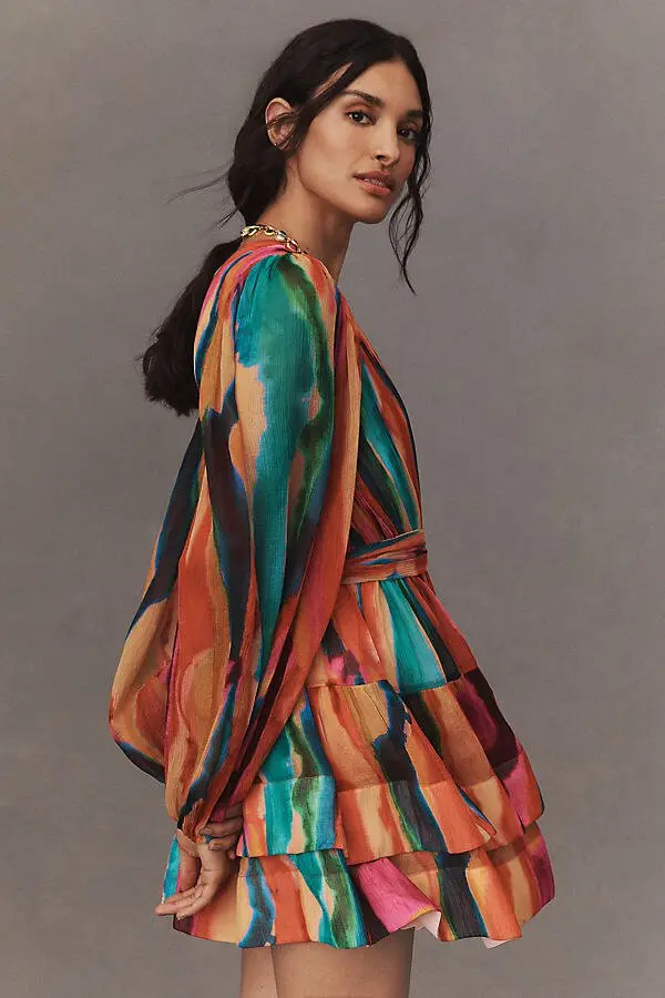 Bhldn Esme V-neck Long-sleeve Wrap Chiffon Mini Dress