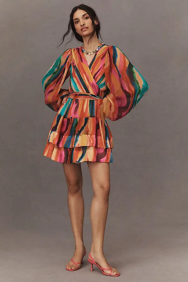 Bhldn Esme V-neck Long-sleeve Wrap Chiffon Mini Dress
