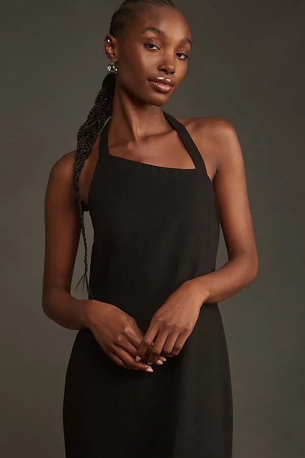 Anthropologie Linen Asymmetrical Halter Belt Back Column Midi Dress In Black  - 44% Off | Editorialist