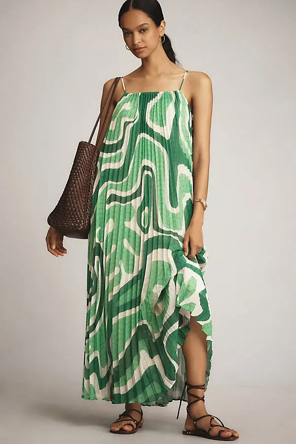 Farm Rio X Anthropologie Square-Neck Pleated A-Line Midi Dress - Green |  Editorialist