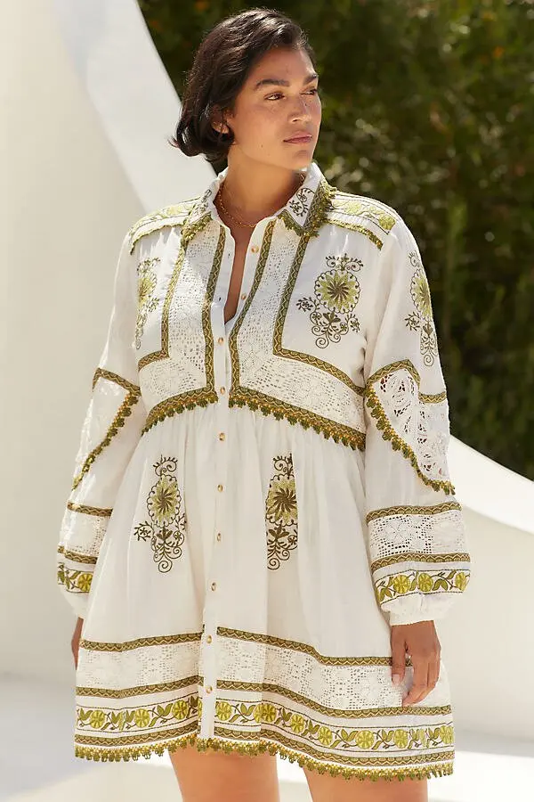 Maeve Long-Sleeve Embroidered Boho Mini Dress - Multicolor