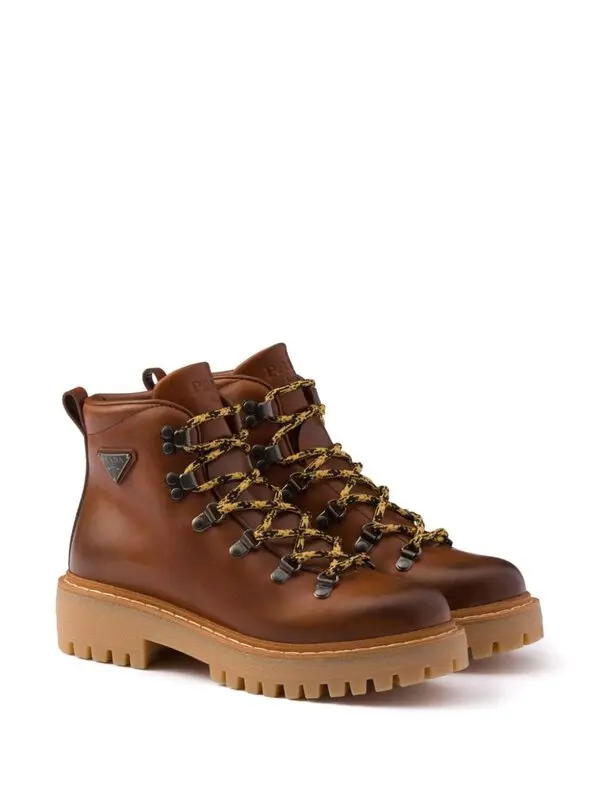 Prada Laced Leather Ankle Boots - Brown