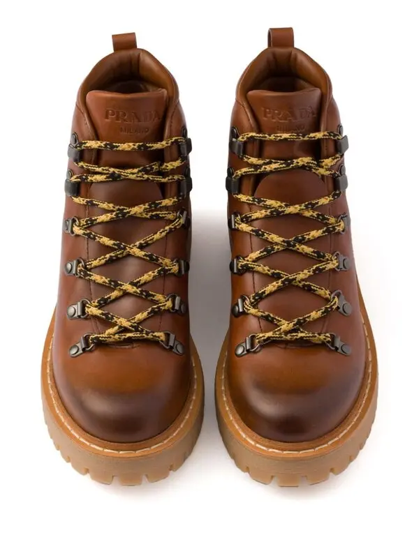 Prada Laced Leather Ankle Boots - Brown