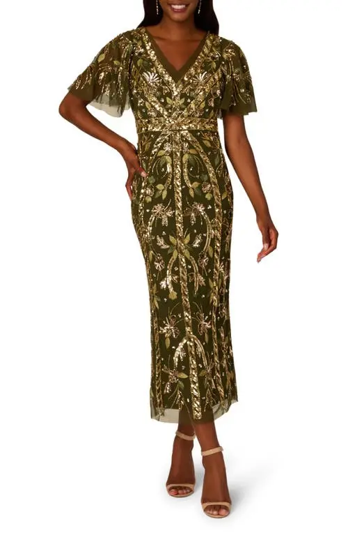 Adrianna Papell Embellished Flutter Sleeve Cocktail Dress - Olive