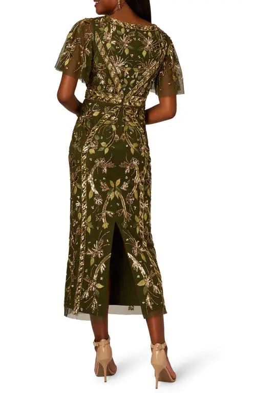 Adrianna Papell Embellished Flutter Sleeve Cocktail Dress - Olive