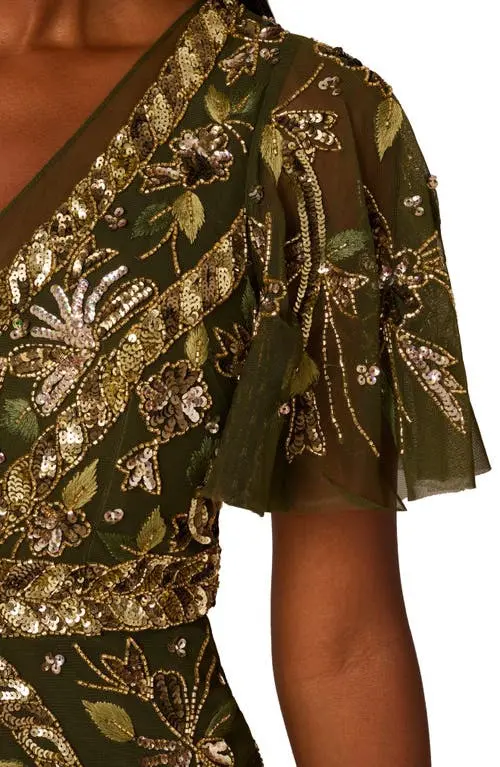 Adrianna Papell Embellished Flutter Sleeve Cocktail Dress - Olive
