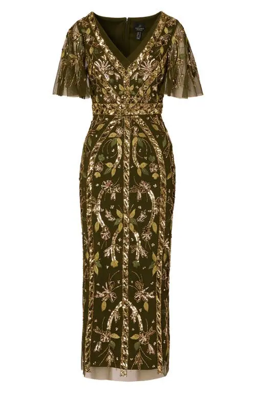 Adrianna Papell Embellished Flutter Sleeve Cocktail Dress - Olive