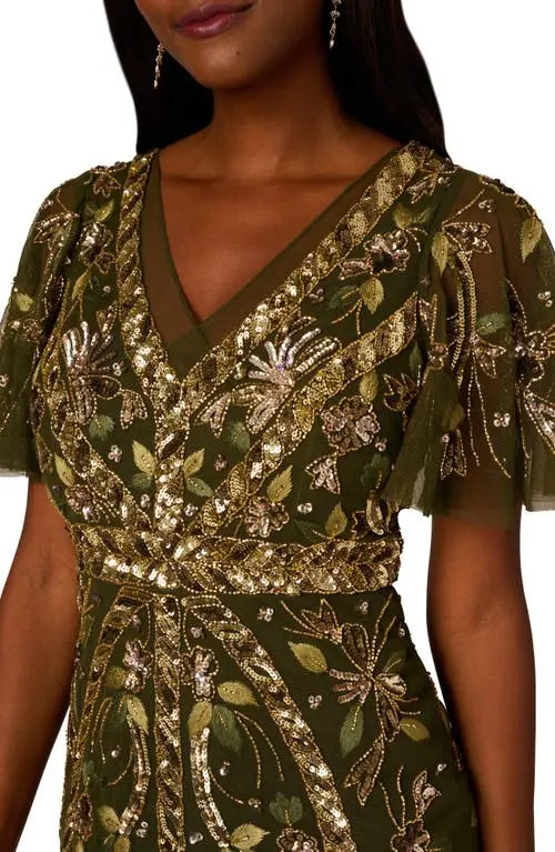 Adrianna Papell Embellished Flutter Sleeve Cocktail Dress - Olive