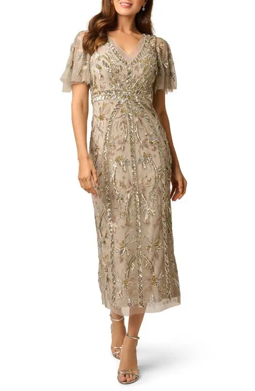 Adrianna Papell Embellished Flutter Sleeve Cocktail Dress - Platinum