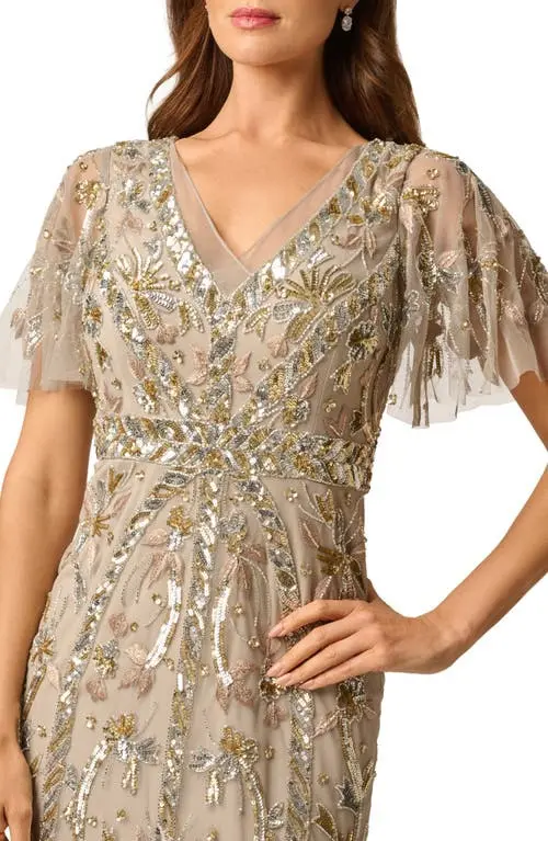 Adrianna Papell Embellished Flutter Sleeve Cocktail Dress - Platinum