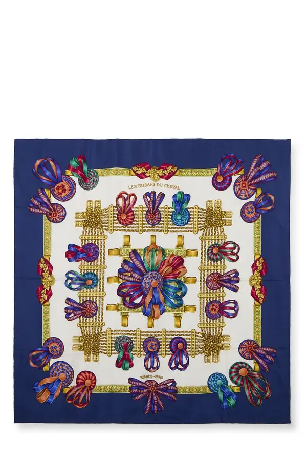 Hermès Multicolor 'les Rubans Du Cheval' Silk Scarf 90 - Navy