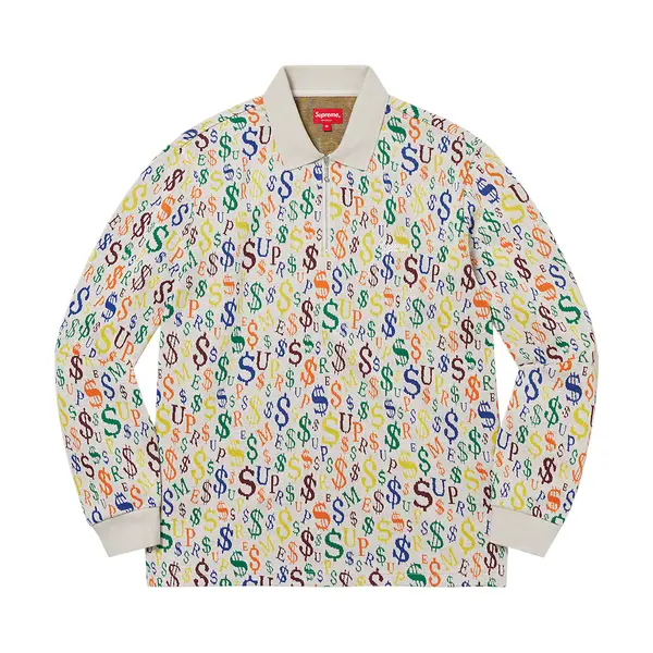 Supreme Currency Jacquard Zip Long-sleeve Polo - White