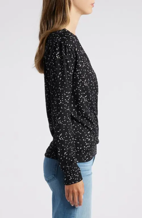Loveappella Dot Print Faux Tie Wrap Top - Black/nat