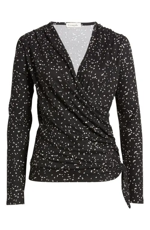 Loveappella Dot Print Faux Tie Wrap Top - Black/nat
