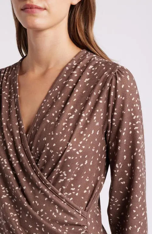 Loveappella Dot Print Faux Tie Wrap Top - Taupe/nat