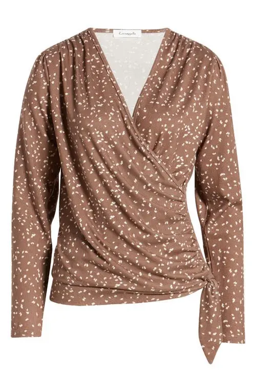 Loveappella Dot Print Faux Tie Wrap Top - Taupe/nat