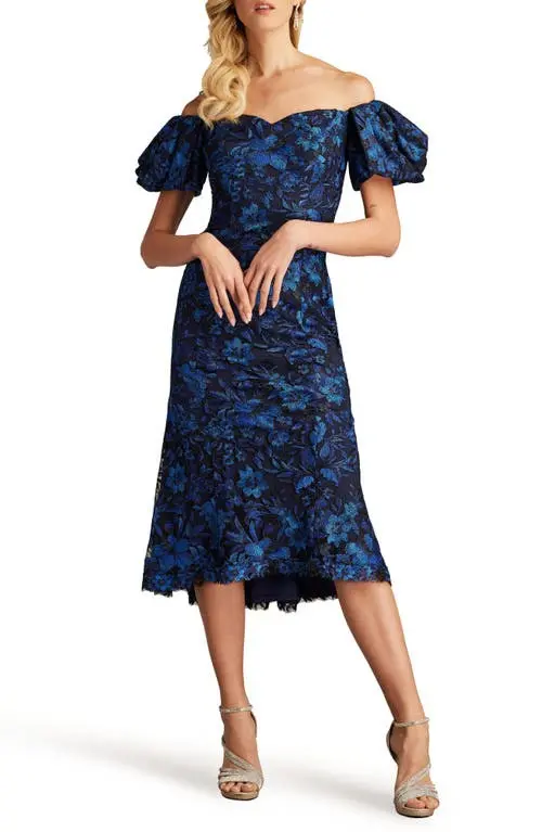 Tadashi Shoji Embroidered Floral Off-The-Shoulder Midi Dress - Midnight |  Editorialist